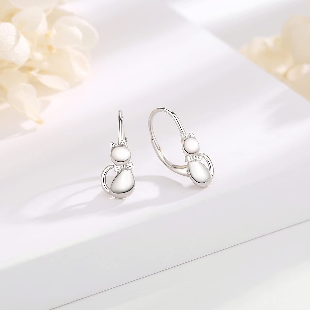 Vito Cat Stud Earrings for Women, 925 Sterling Silver Dainty Freshwater Pearl Kitten Ear Jewelry Gift for Cat Lover
