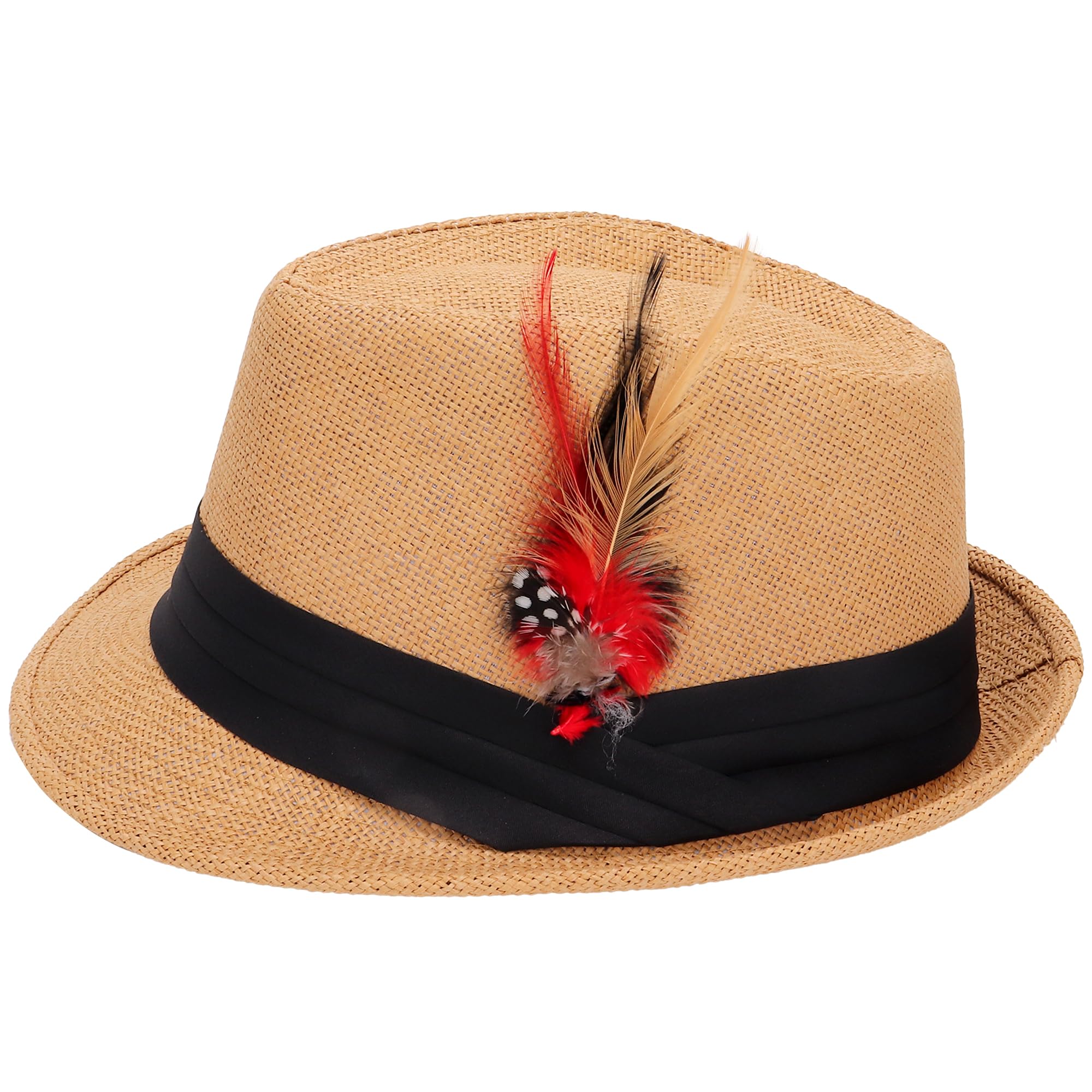 Ultrafun Straw Fedora Hats for Men Women Short Brim Summer Beach Hat with Feathers Band (US, Alpha, One Size, Black)
