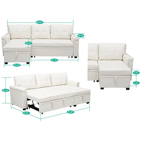 Naomi Home Diora Sectional Sleeper Sofa - Elegant L-Shaped Couch Convertible Pull-Out Bed, Ample Storage, Timeless Design, Sturdy Construction, Long-Lasting for Modern Living, Air Leather, White