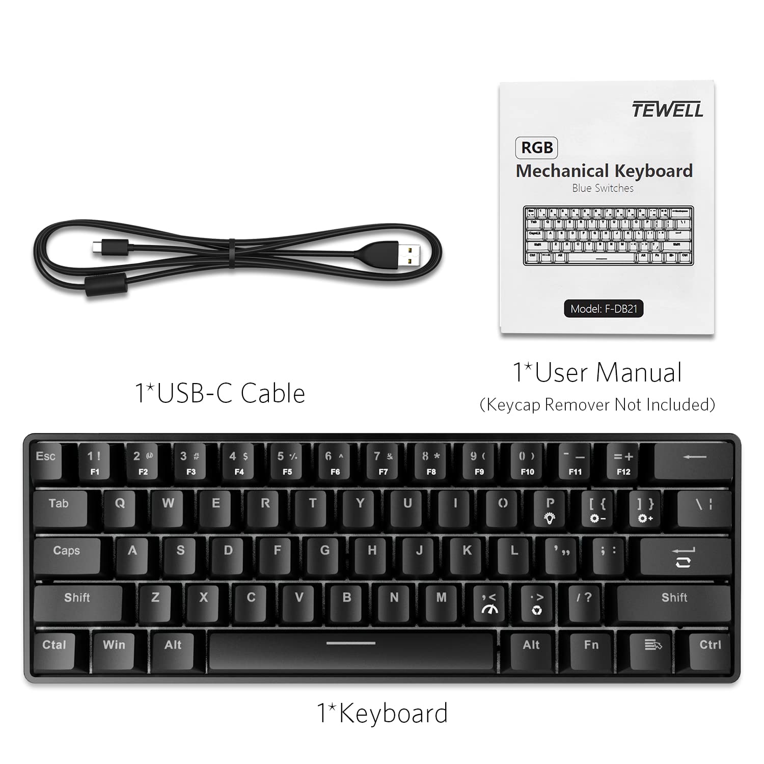 TEWELL 61 Keys RGB Wired Mechanical Gaming Keyboard with Audible Click Sound Blue Switches, Compact Mini Portable Computer Keyboard for Windows Gaming PC