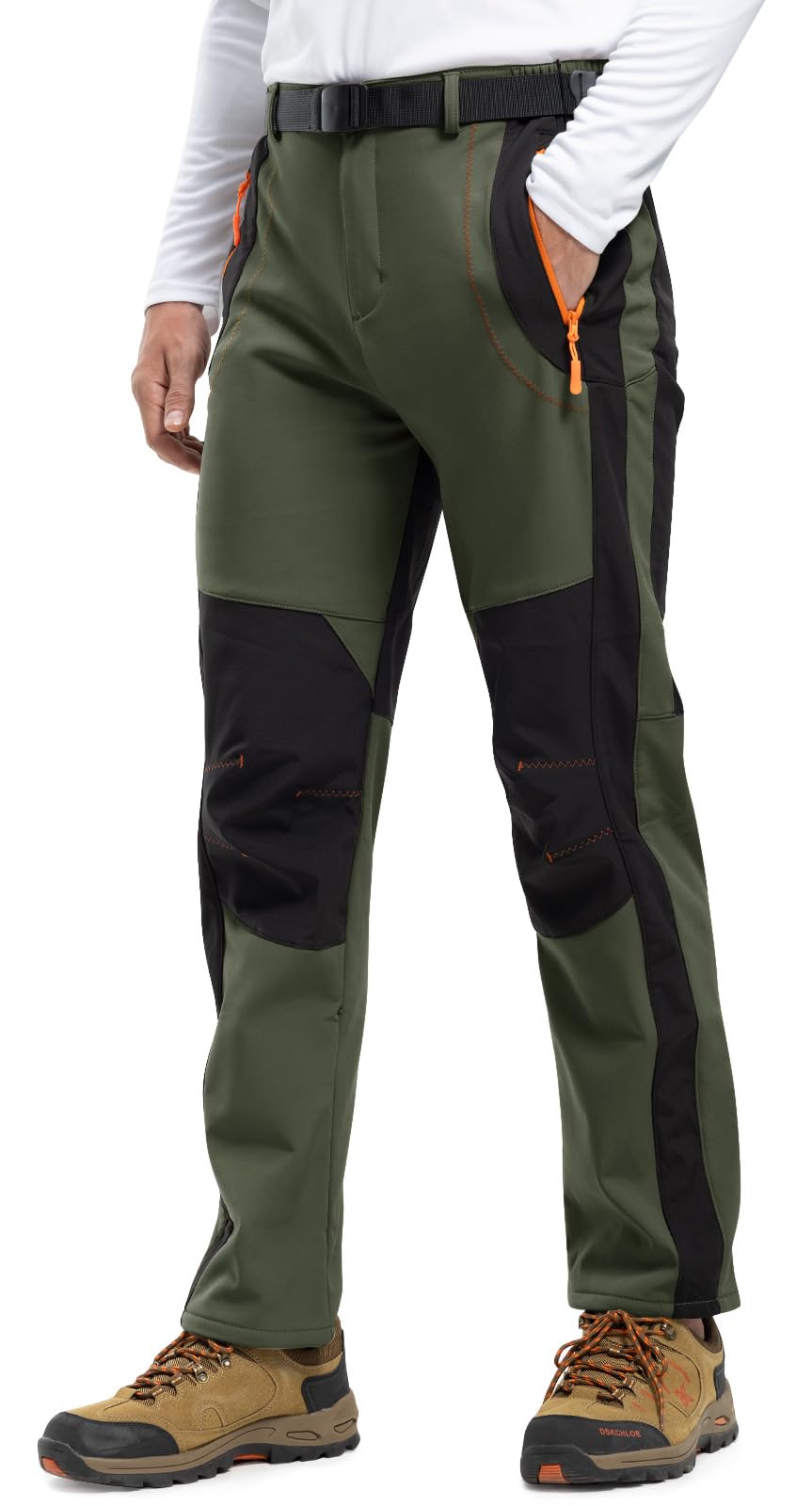 Rdruko Men's Snow Ski Pants Waterproof Insulated Winter Outdoor Hiking Fleece Pants with Belt(Army Green, US M)