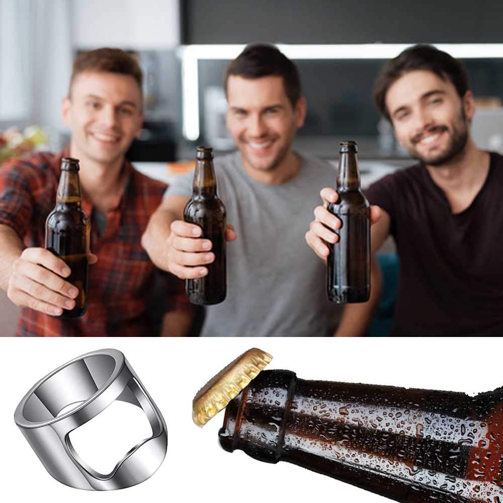 VQYSKO Bottle Opener Ring Band-Beer Bar Tool Creative Versatile Stainless Steel Finger Party Ring,Size 6 to 12 (Silver, 10)