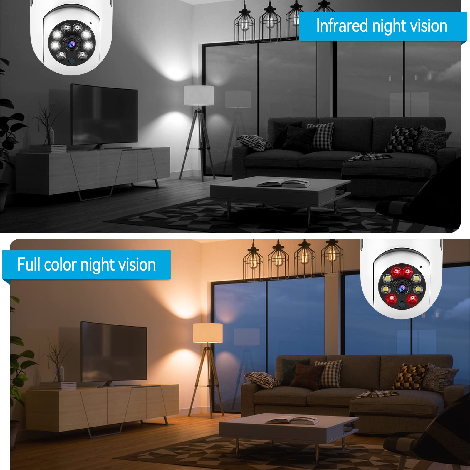 Wireless Light Bulb Security Camera 1080P Pan Tilt Wireless 360 Degree Floodlight Night Vision with Floodlight Human Motion Detection and Alarm Included 64GB Memory Card