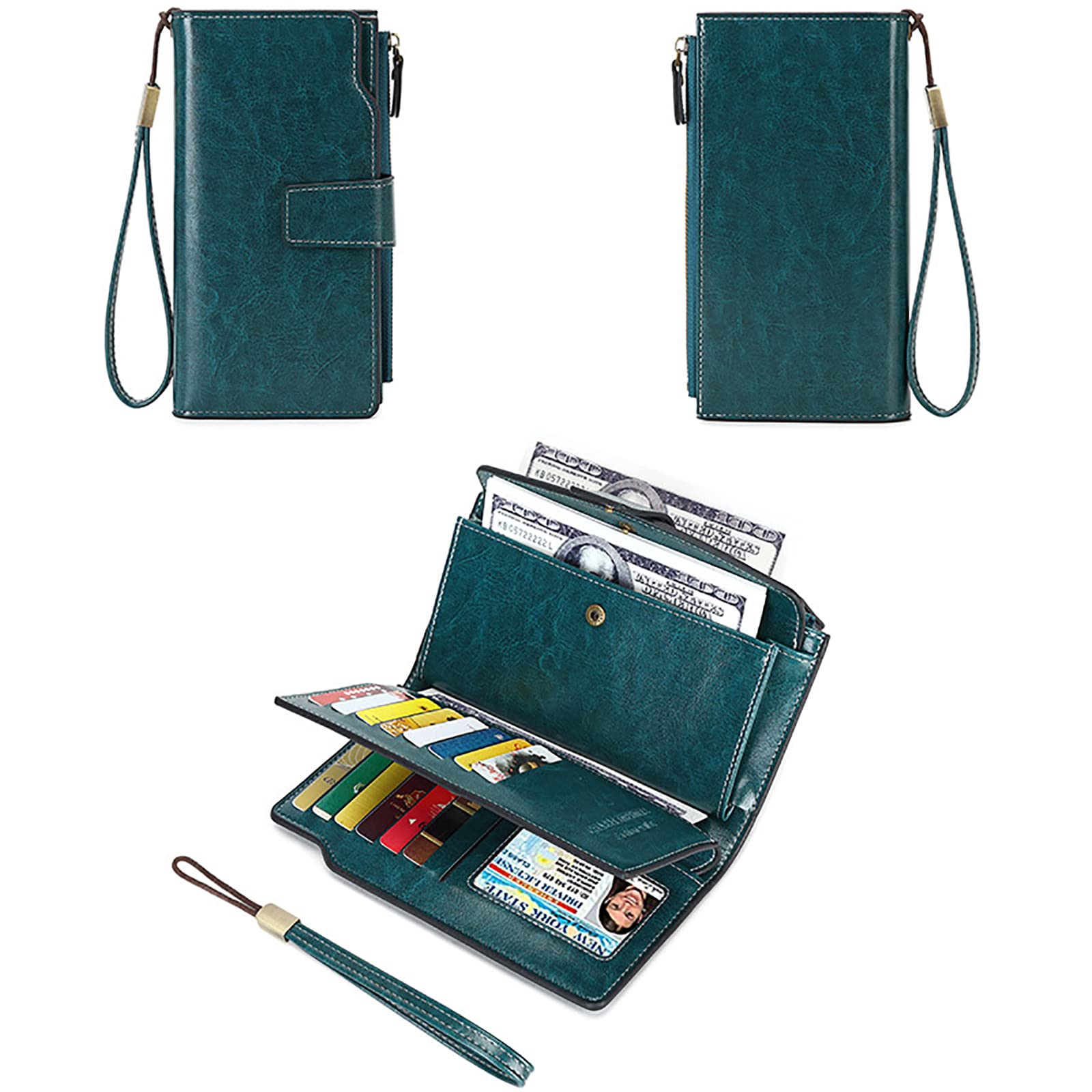 Women's RFID Blocking PU Leather Large Capacity Wallet Phone Holder Clutch Travel Purse Wristlet (Blue)