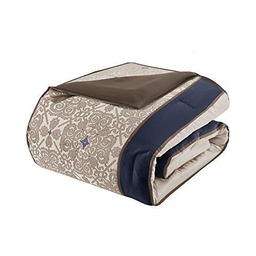 Madison Park Essentials Delaney 24-Piece Room In A Bag Comforter Set-Satin Jacquard All Season Luxury Bedding, Sheets, decorative pillows and Curtains, Valance, Queen (90 in x 90 in), Medallion Navy