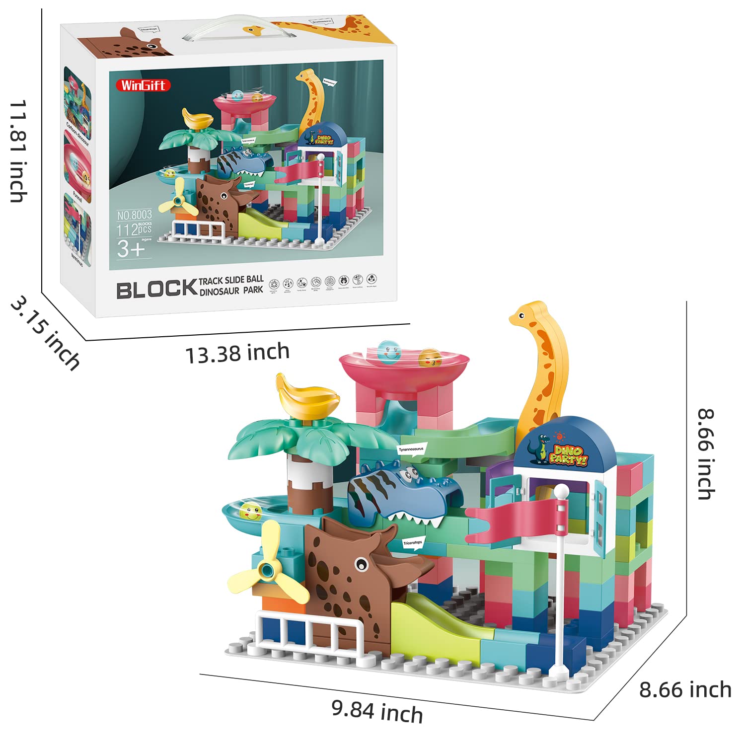 WINGIFT 112 Piece Marble Run Building Blocks Dinosaur Toy, STEM Toy Bricks Set with Functional Dinosaur Building Blocks,Marble Maze Building Toys Compatible with All Major Brands for Kids Ages 3 4 5+