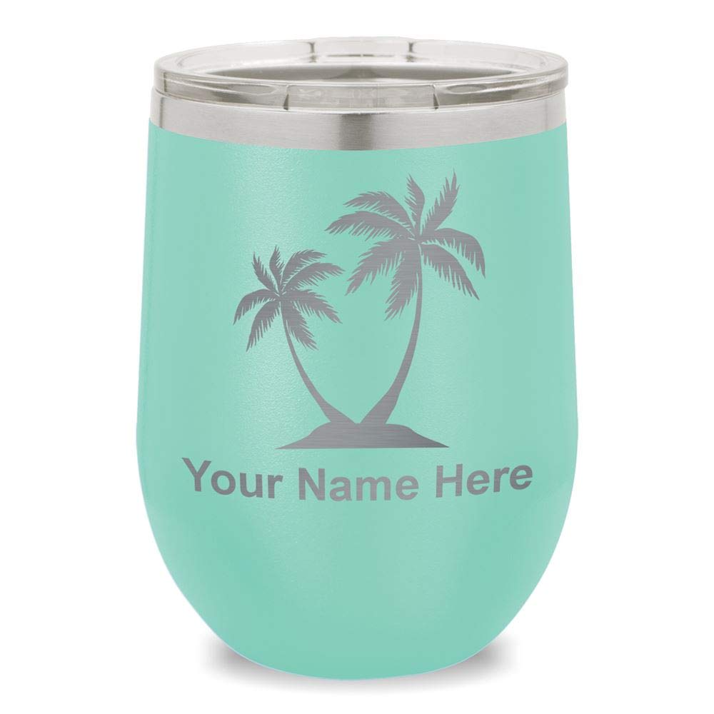 SkunkWerkz Wine Glass Tumbler, Palm Trees, Personalized Engraving Included (Teal)