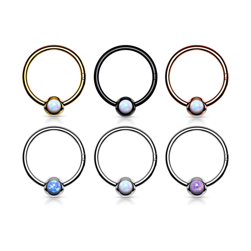 Pierced Owl 16GA Stainless Steel Synthetic Opal Ball Cartilage Helix Daith Septum Hinged Segment Ring (Silver Tone/Purple, 10mm Diameter)