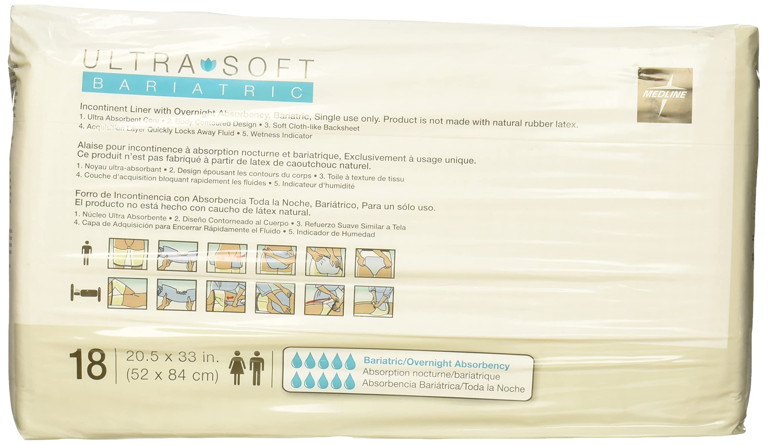 Medline Ultra-Soft Plus Incontinence Liners, Bariatric Overnight/Maximum Absorbency, 20.5" x 33", White (Pack of 72)