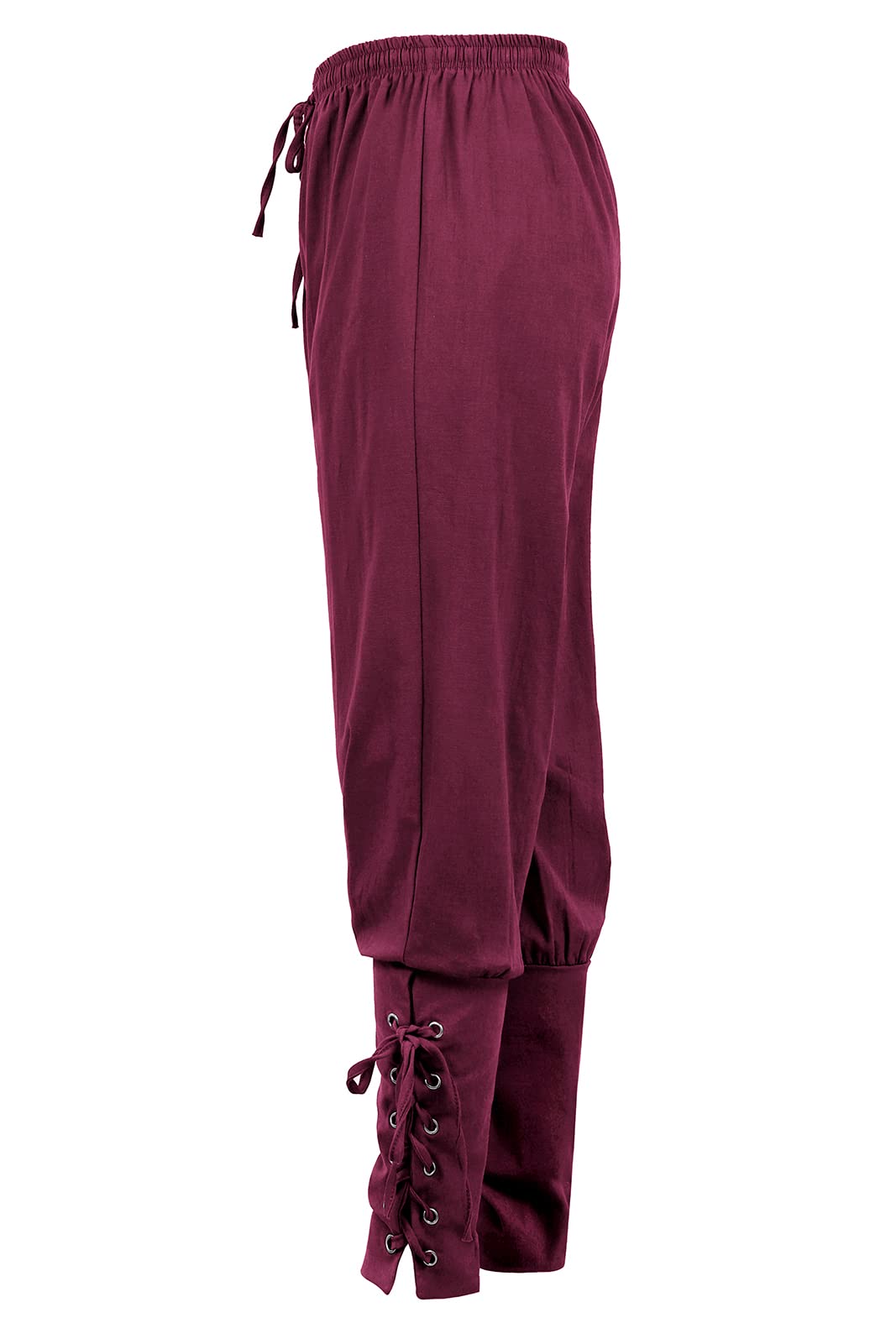 Men's Ankle Banded Cuff Renaissance Pants Medieval Viking Navigator Trousers Pirate Cosplay Costume with Drawstrings Wine Red-2XL