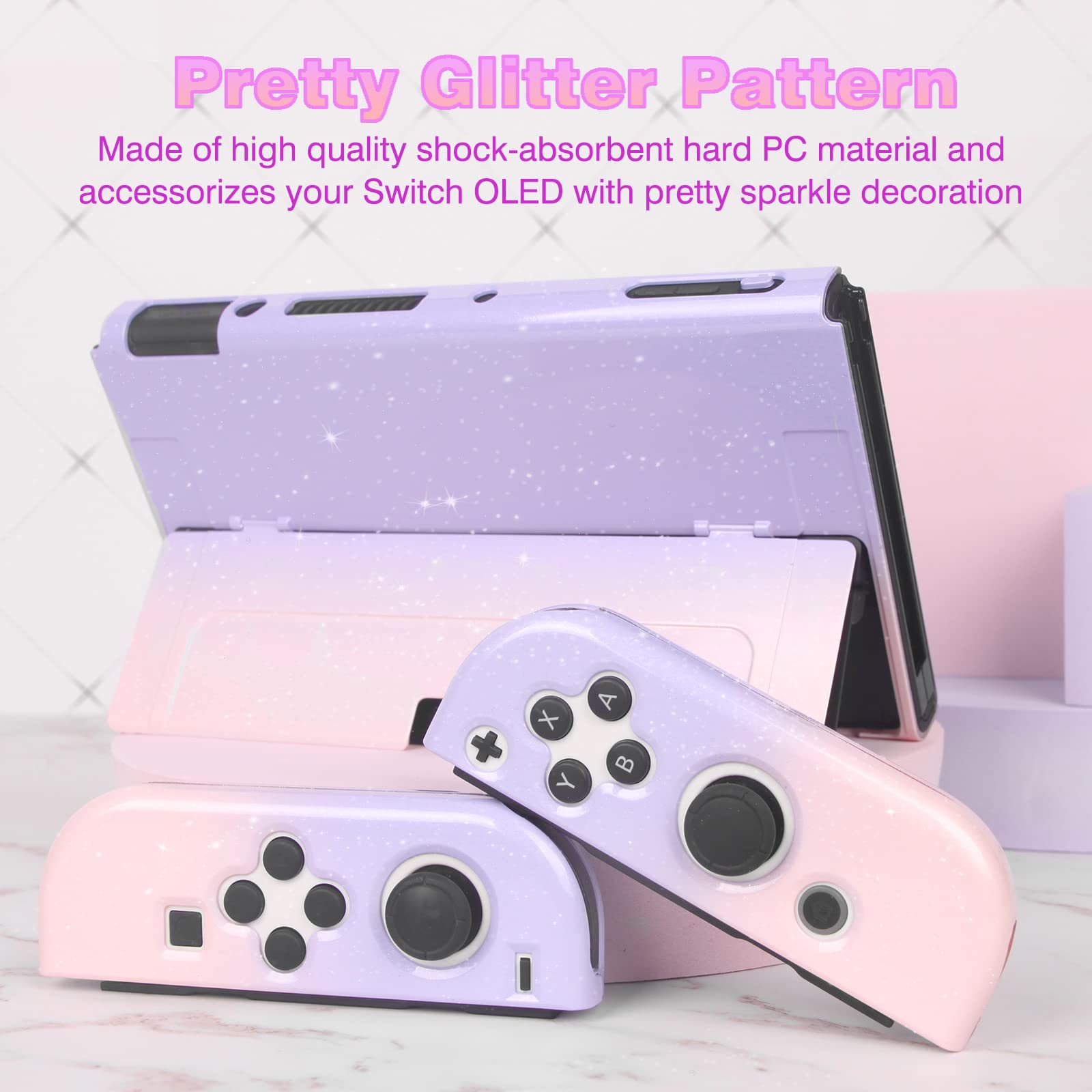 TIKOdirect Dockable Case Compatible with Nintendo Switch OLED Joy-Con Controllers, Newest Updated Glitter Bling Pretty Cover, Anti-Scratch Touch Grip Cover β Glitter Pink & Purple