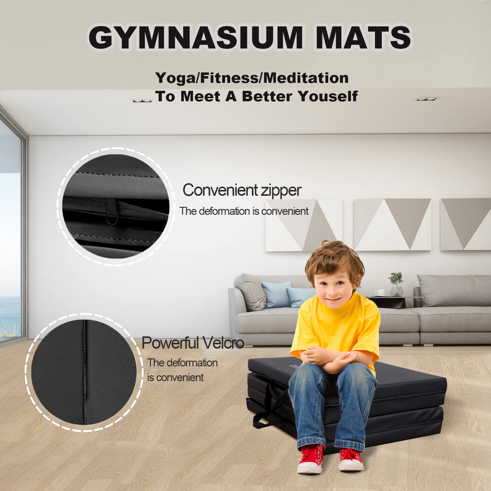 Upgraded Folding Exercise Mat, 1.57 Inch Thick Gymnastics Mat with Carrying Handles, Exercise Mat for Yoga, for Tumbling, MMA, Martial Arts, Gymnastics, Stretching, Core Workouts