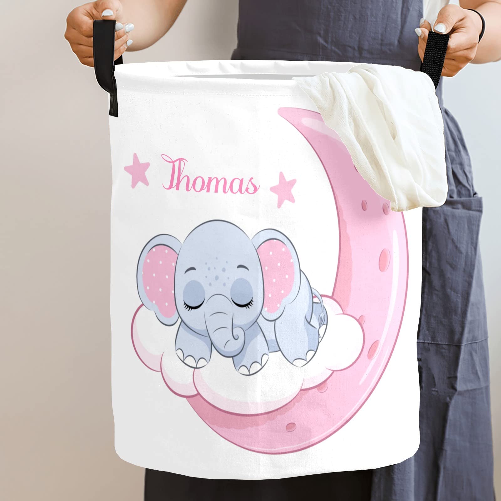 Pink Elephant Moon Personalized Laundry Hamper,Custom Name Collapsible Waterproof Laundry Basket Storage Bins with Handle for Clothes,Toy,Nursery