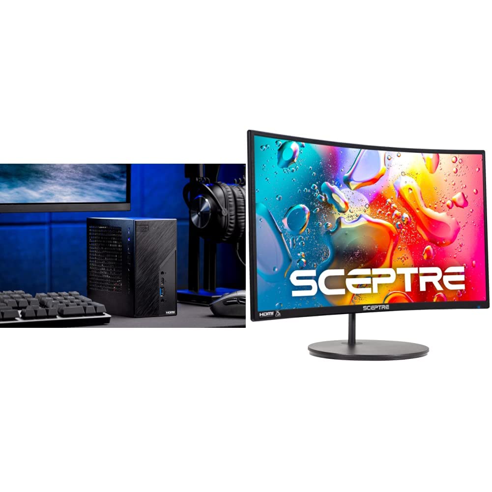 Skytech Mini PC X1 Gaming PC Desktop & Sceptre 24" Curved 75Hz Gaming LED Monitor Full HD 1080P HDMI VGA Speakers, VESA Wall Mount Ready Metal Black 2019 (C248W-1920RN)