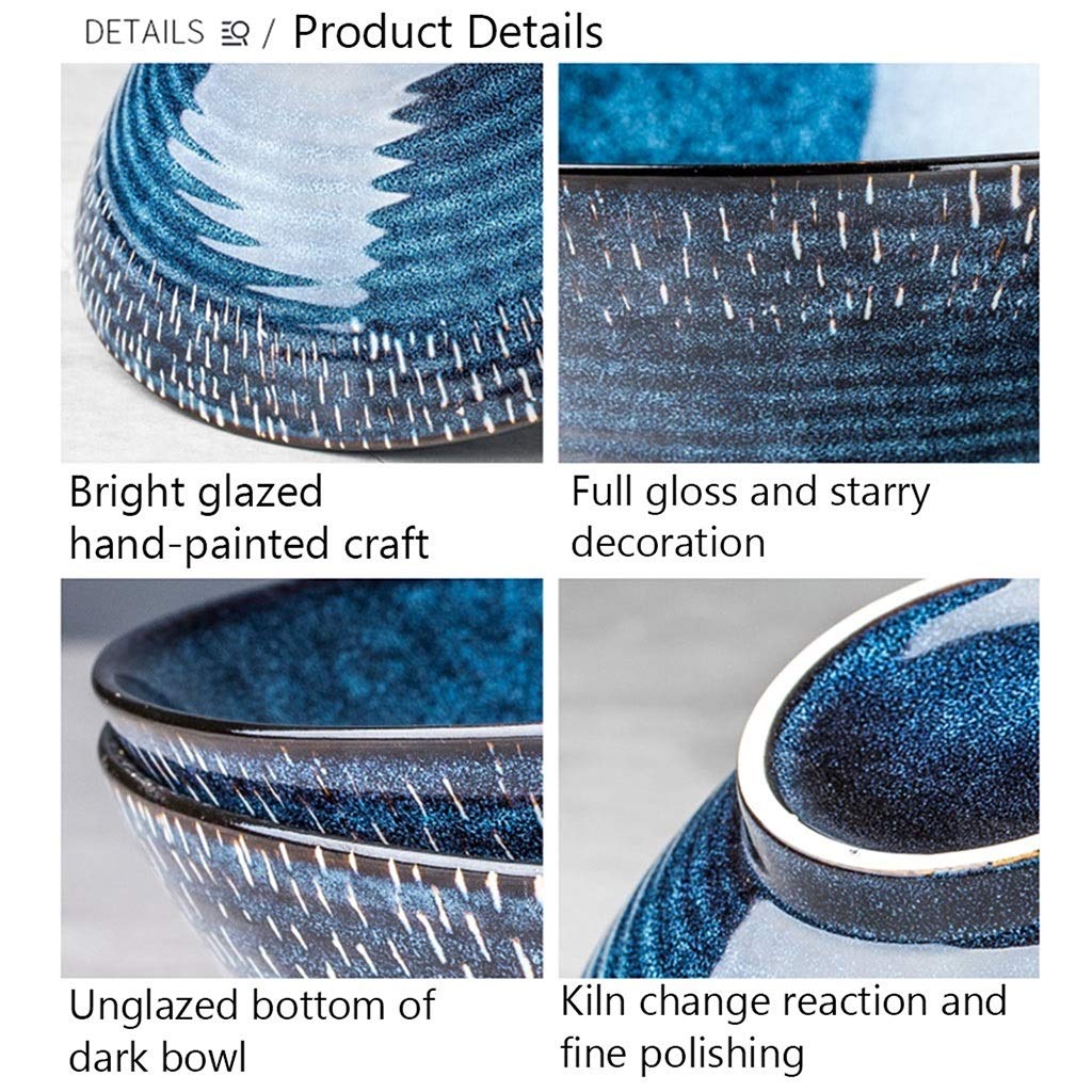 Threaded BowL 8" Ceramic Soup Bowl Ramen Bowl, Blue Thread Rice Bowl, Large Fruit Salad Bowl, Kitchen Tableware Cereal Bowl (Color : Blue2, Size : 8")