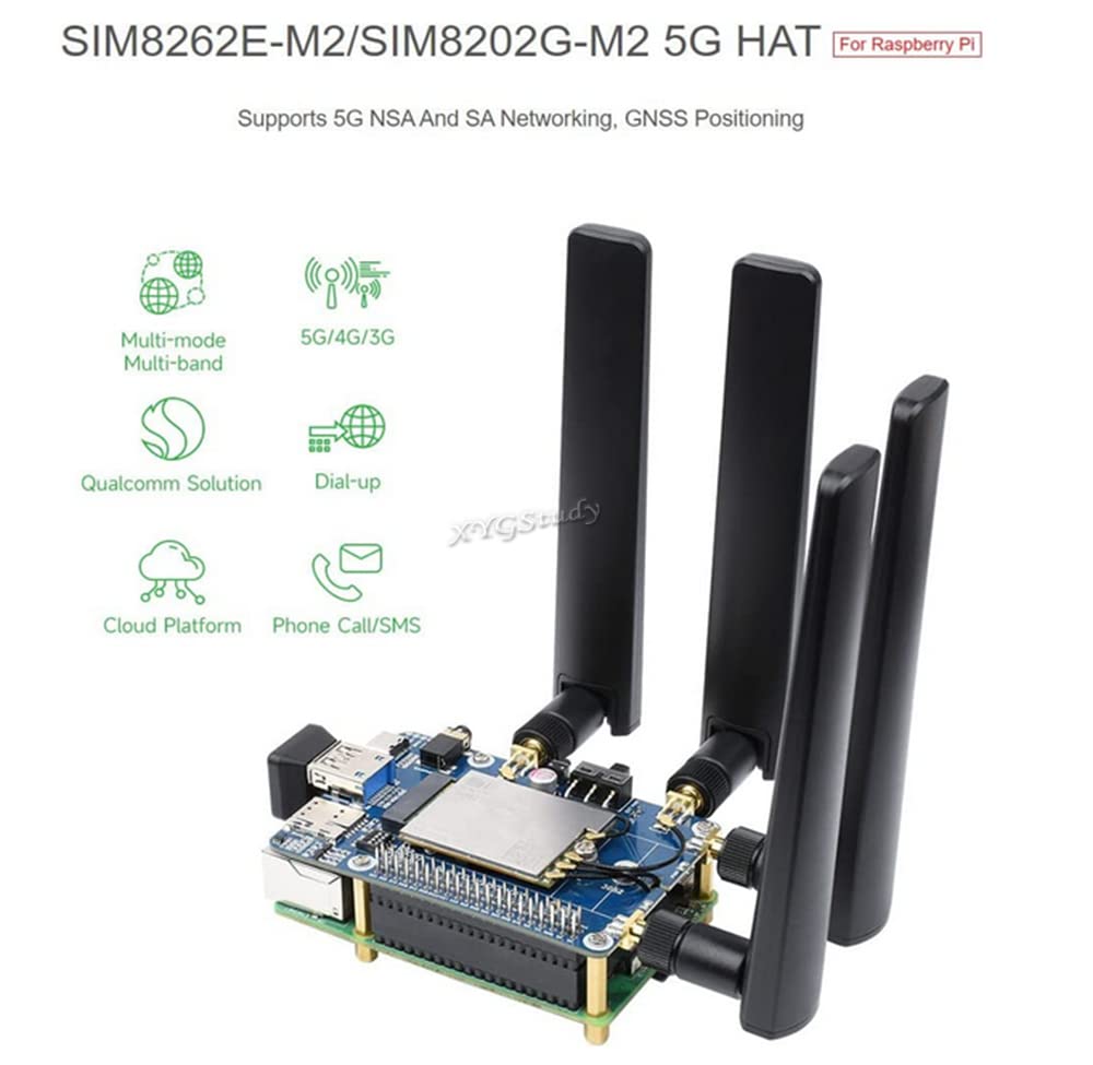 XYGStudy 5G/4G/3G SIM8262E-M2 5G HAT for Raspberry Pi, Quad Antennas 5G NSA Multi-Band, with Protection Case Kit (SIM8262E-M2 5G HAT (with case))