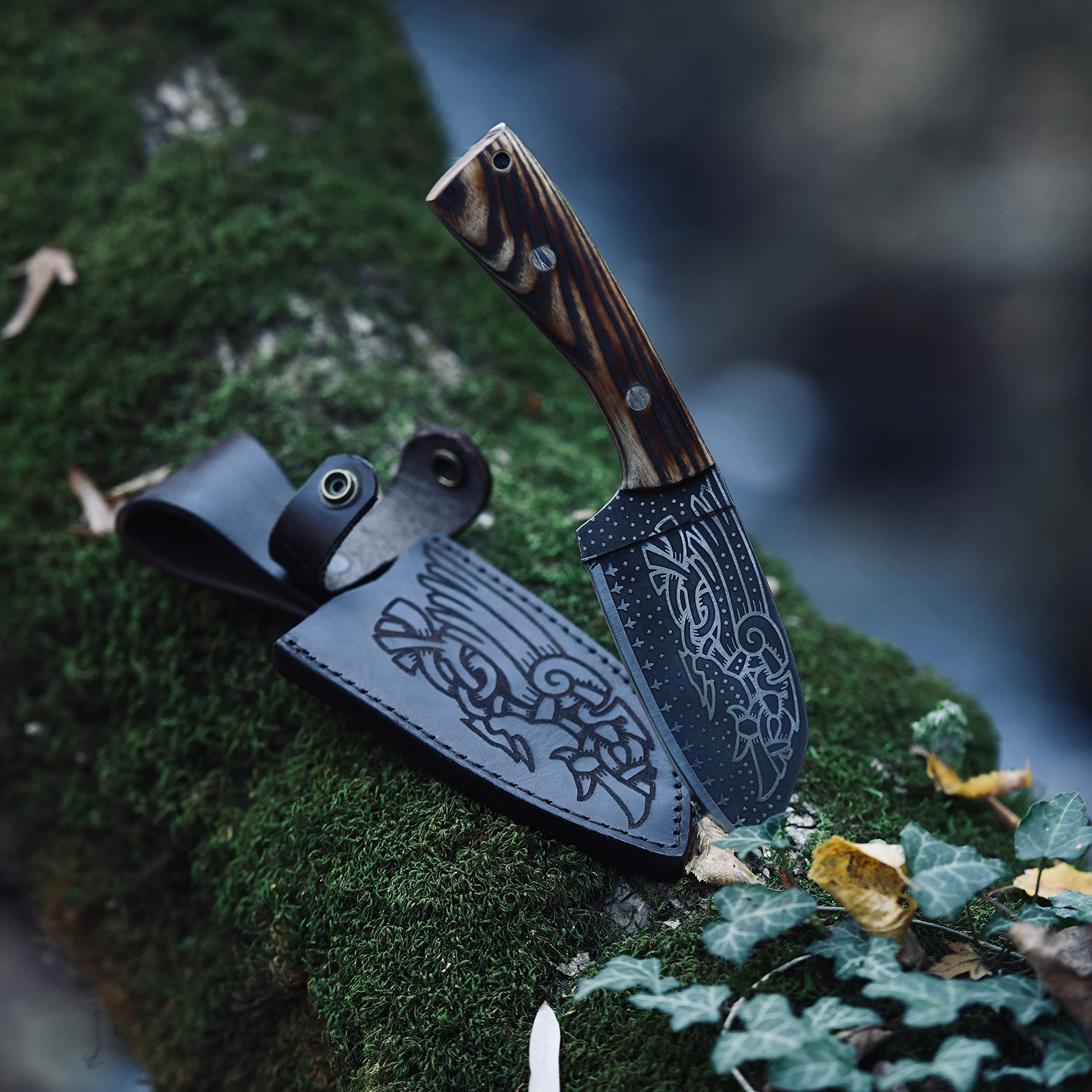 VikingsBrand Norse Viking-styled Knife - Huginn & Muninn Hand Forged Knife with Raven Engraving, Ergonomic Ash Wood Handle & Genuine Leather Sheath Holder - 4.7" Long Blade, 4.3" Handle