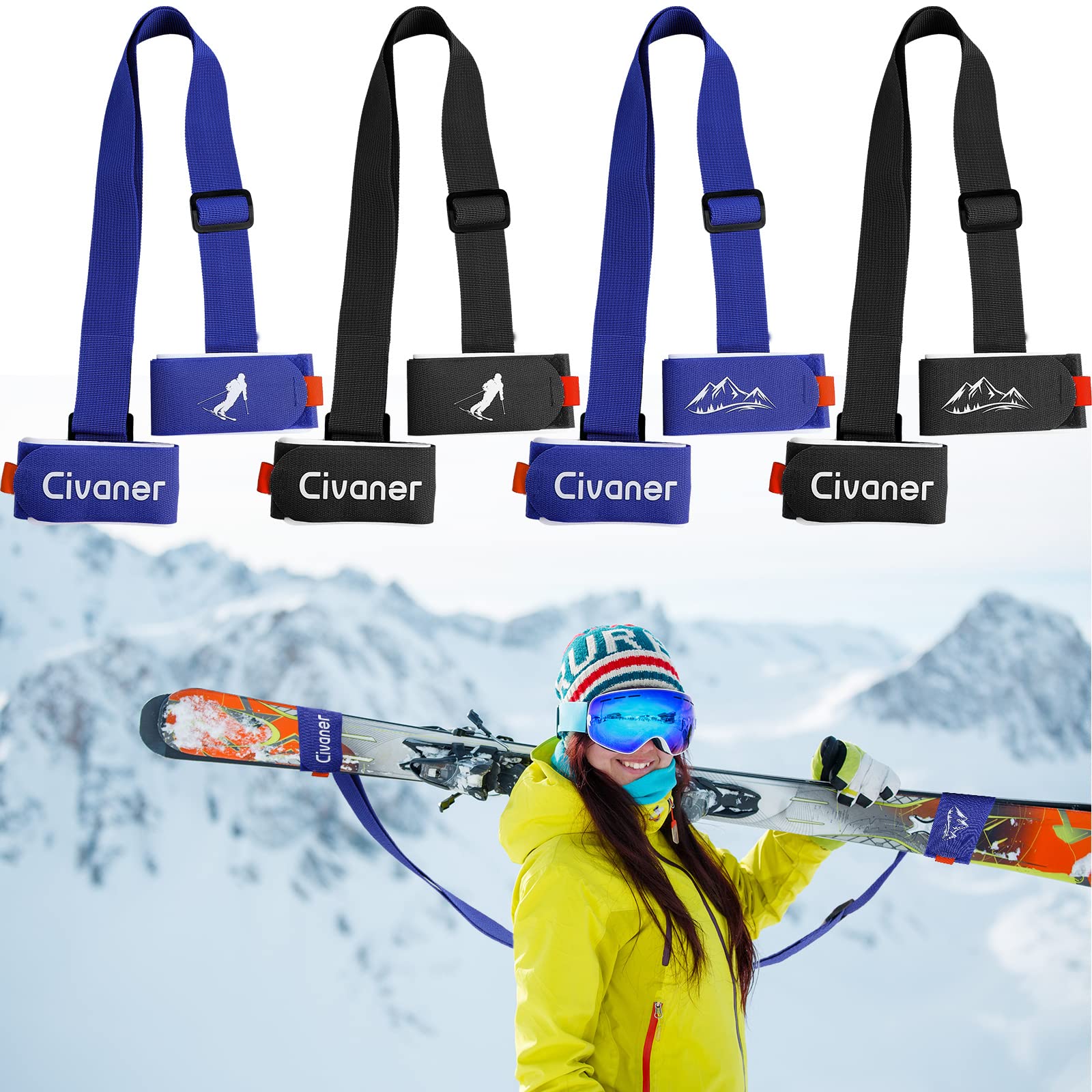 Ski Straps 4 Pieces Adjustable Ski Carrier Comfortable Ski Carry Strap Effortlessly Ski Pole Carrier Cushioned Skiing Accessories Gear for Men Women Kid