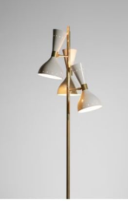 Modern & Stylish Italian Marble Base Modern Mid Century Brass Floor Lamp 3 White Diabolo Stilnovo Style with Intricate Detailing (E-12 USA)