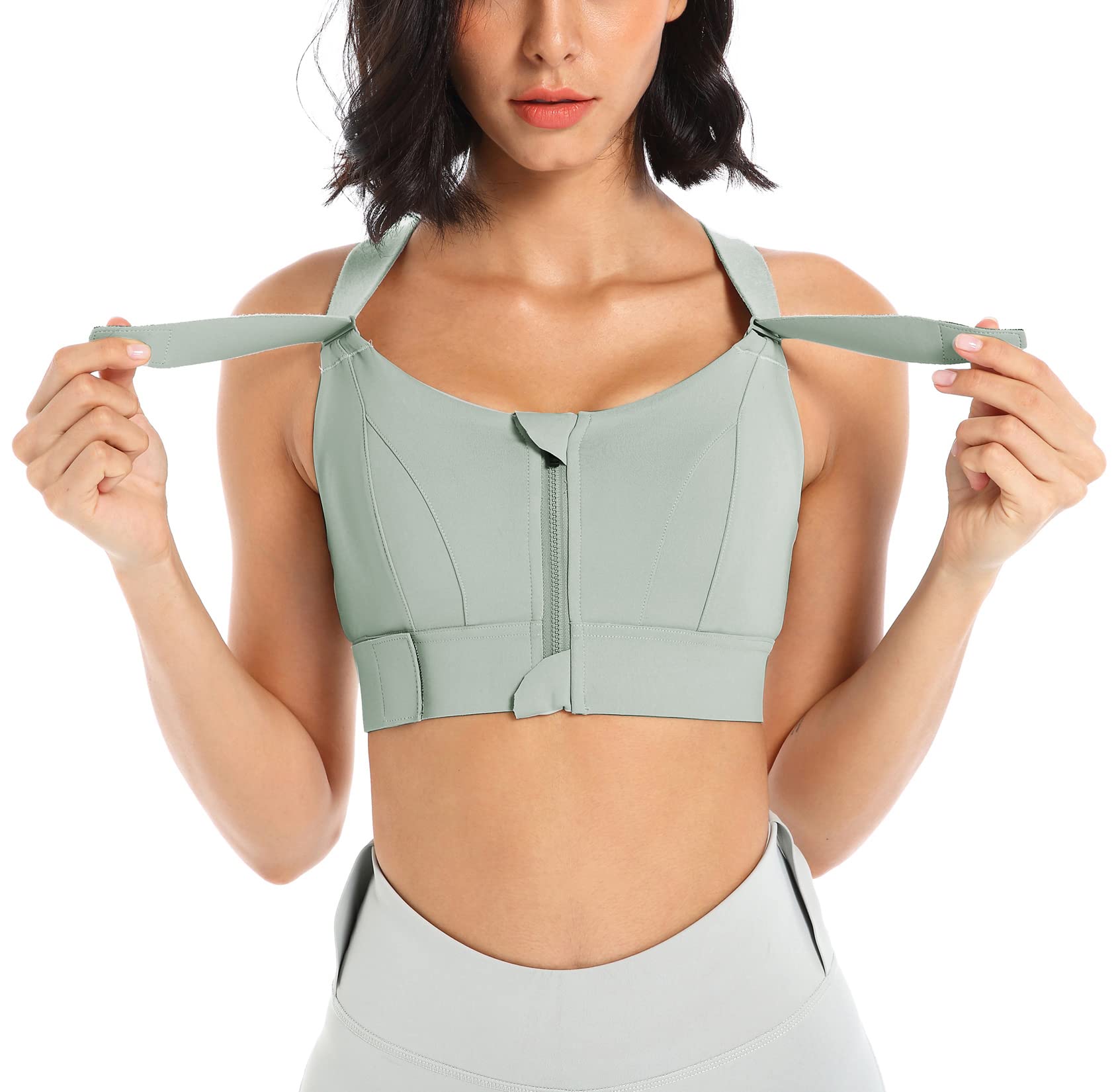 Women's Sports Bra Zip Front High Impact Workout Yoga Bra Padded Wirefree Bra Blue