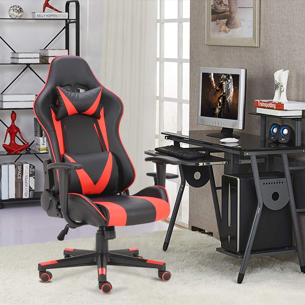 OGEFER Gaming Chair PC Computer Chair Racing Style Ergonomic with Massage Headrest Pillow Lumbar Support Armrest Home Office Swivel Chair Rocking Function 180 Degree Reclining Black Red