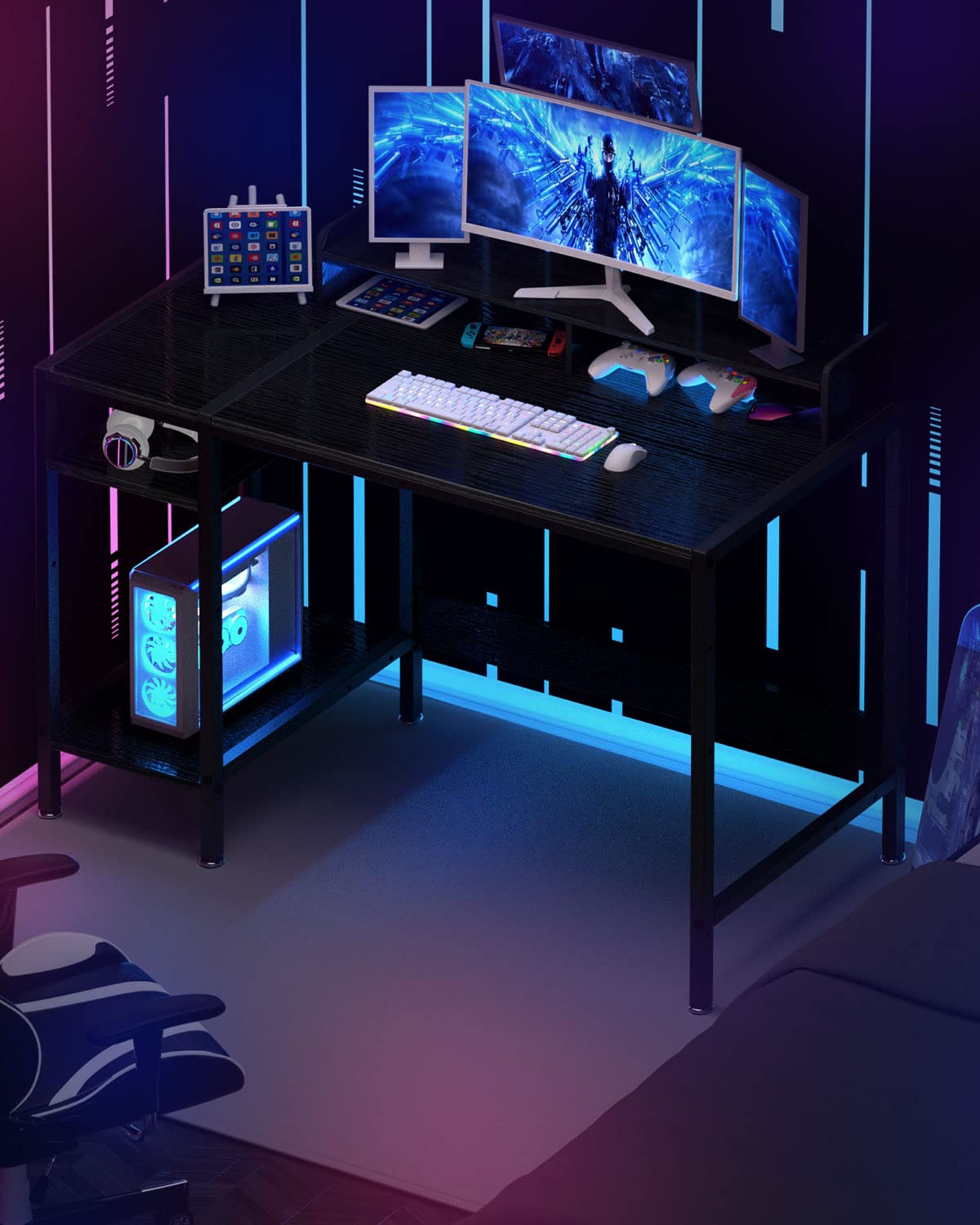 MINOSYS Computer Desk - 47” Gaming Desk, Home Office Desk with Storage, Small Desk with Monitor Stand, Storage Space-Savor, Modern Table, Black.