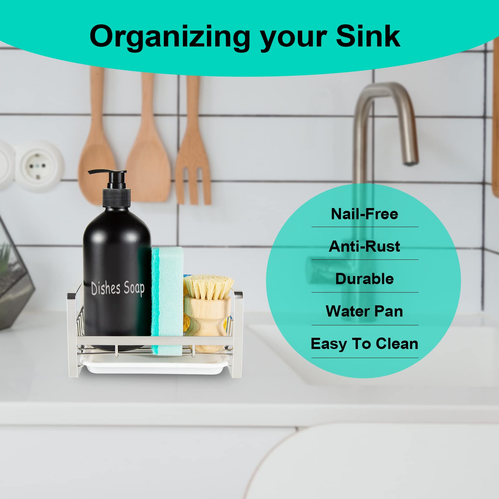 TEZZ Sponge Holder for Kitchen Sink- Stainless Steel Kitchen Storage Sink Caddy for Organizing Sponge, Brush & Dish Soap Dispenser, Kitchen Sink Organizer Rack with Adhesive or Counter top, Silver
