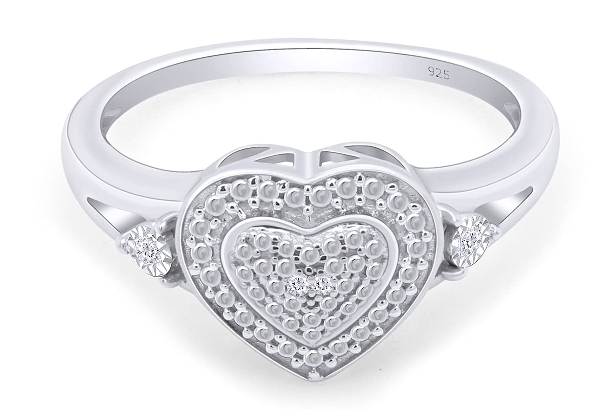 Round Cut White Natural Accent Diamond Split Shank Double Heart Engagement Ring In 14k White Gold Over Sterling Silver (Clarity : I2-I3, Color : I-J, 0.01 Cttw) Ring Size-13