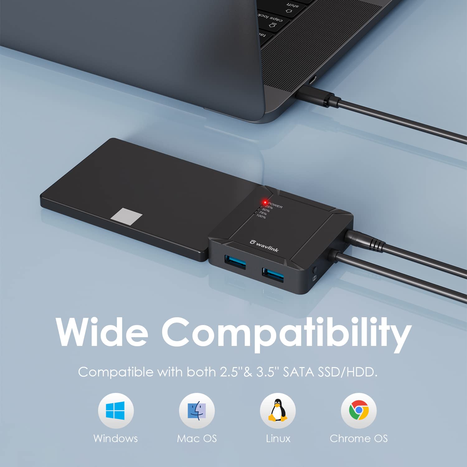 WAVLINK SATA III to USB Adapter Cable, USB C to Dual Bay SATA 3 Converter for 2.5"/3.5'' External Hard Drive HDD/SSD Connector with 2X USB Ports and 12V Power Adapter, Max 2x18 TB
