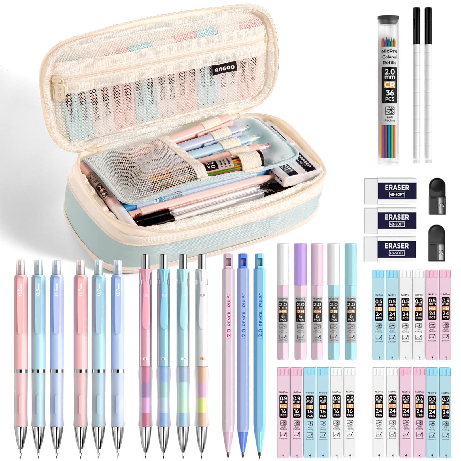 Nicpro 45PCS Aesthetic School Supplies with Big Capacity Pen Case, Pastel Mechanical Pencils 0.5, 0.7, 0.9, 2mm with 24 Tube Lead Refills(4B 2B HB 2H 4H COLORS) Erasers For Student Writing Drawing