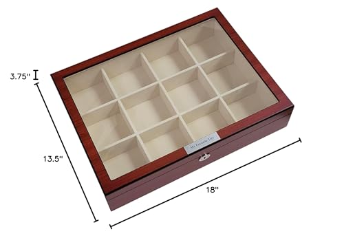 TIMELYBUYS Personalized Display Case for 12 Ties, Belts, and Accessories Cherry Wood Storage Box