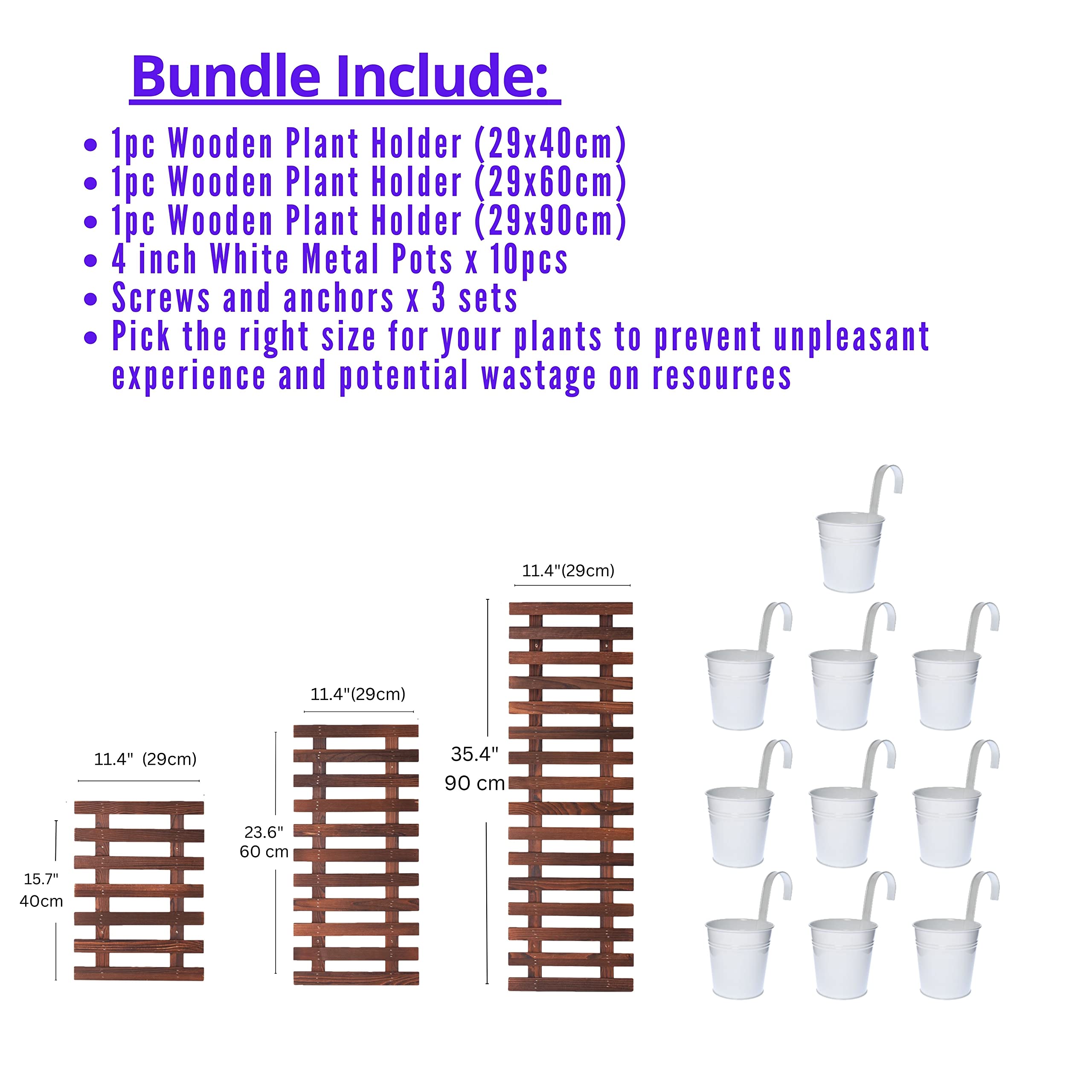 ShopLaLa Bundle - 4 inch White Metal Pots x 10 Pack + 3 pack Wooden Planter Vertical Garden System Planter, Live Plant Wall Outdoor Wall Mounted Planter Decoration Large Indoor Living Wall Plant Decor