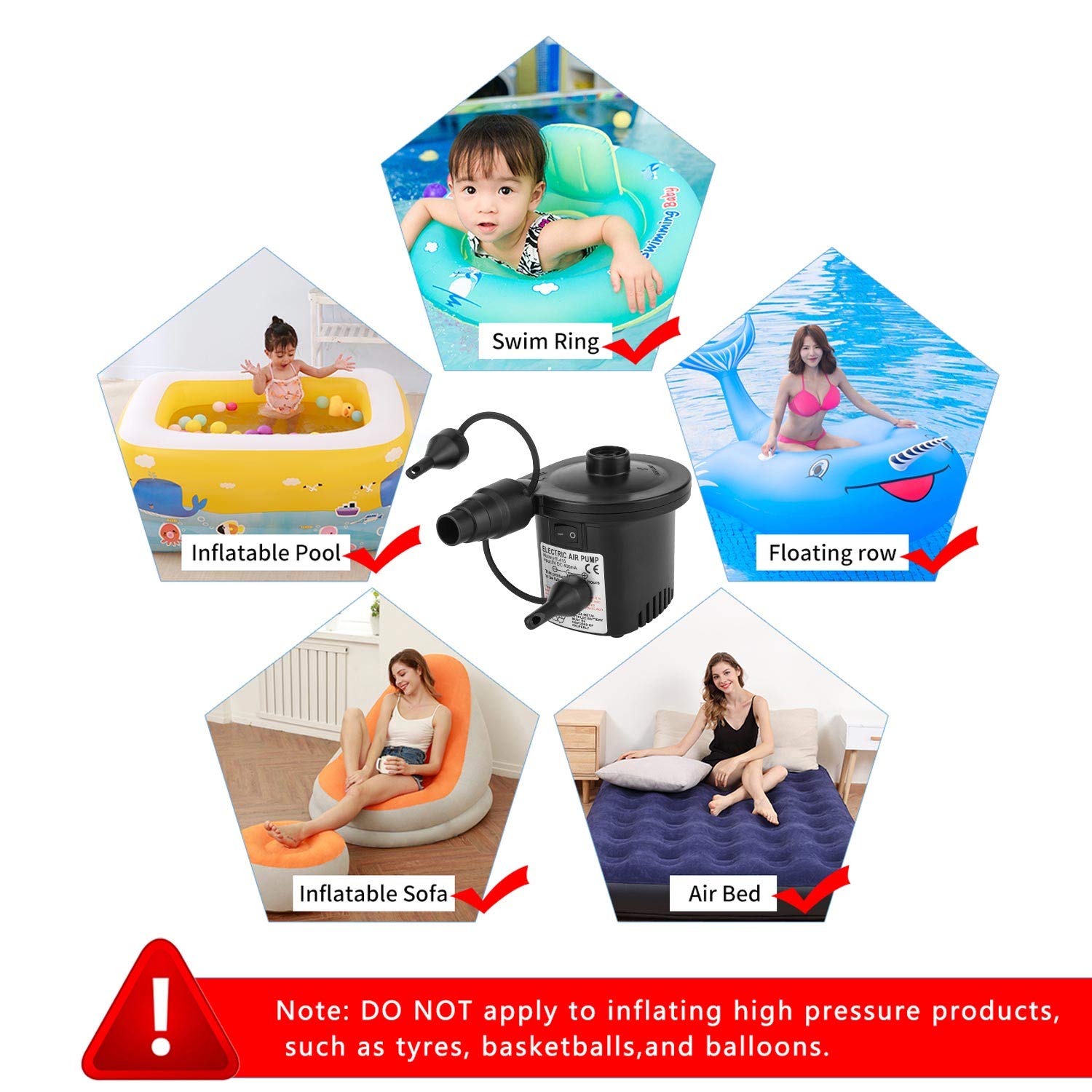 Rechargeable Electric air Pump,Portable Quick-Fill Inflator & Deflator with 3 Nozzles for Inflatables,Perfect for Inflatable Cushions, Air Mattress, Pool Toy, Swimming Ring