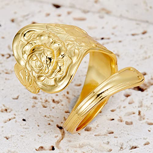 TimemoryUS Spoon Ring, S925 Sterling Silver Rose Adjustable Open Gold Antique Spoon Rings For Women Size 6-10 (gold)