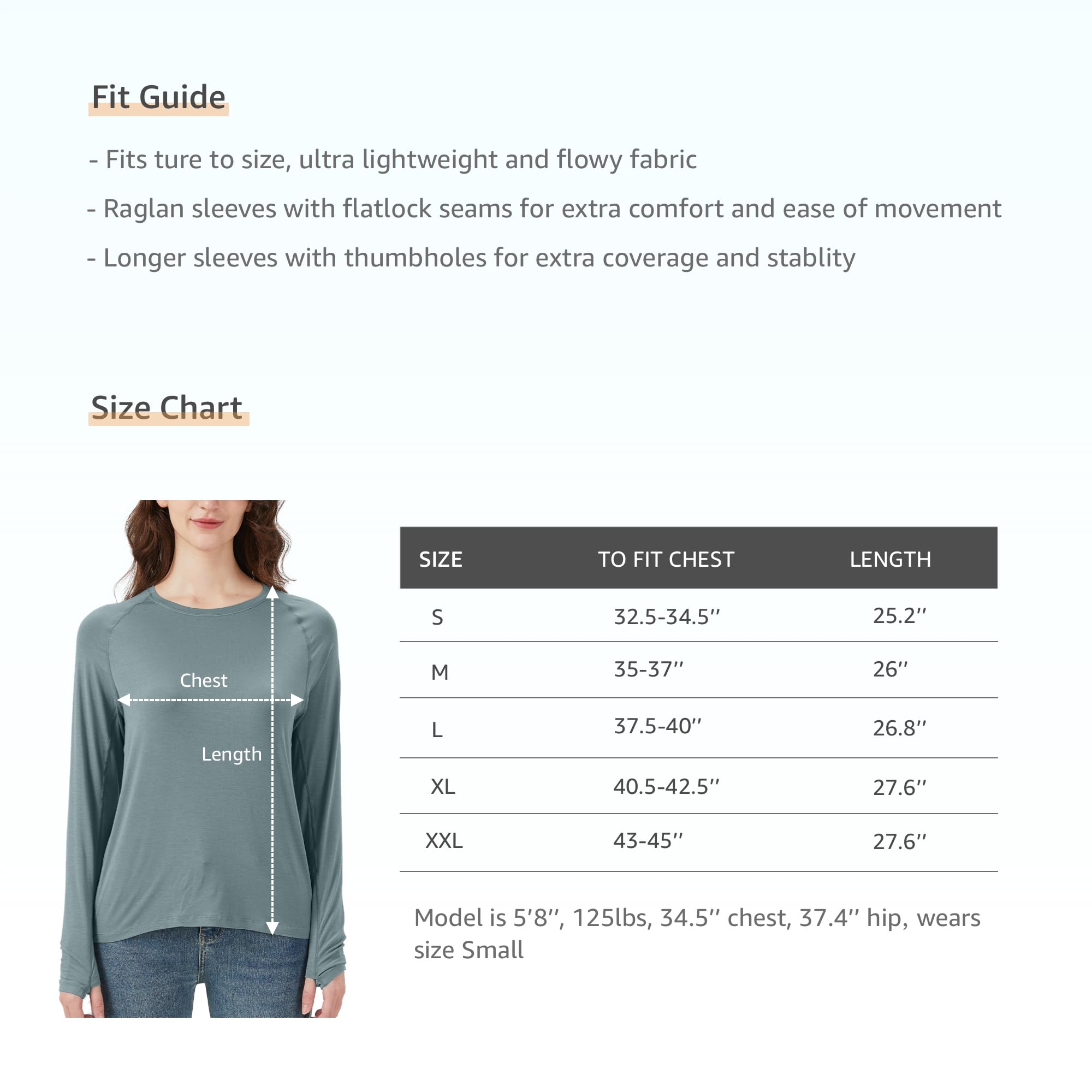 Women's Ultra Lightweight Bamboo Viscose Workout Shirt UPF 50+ Soft Outdoor Long Sleeve Hiking Tops with Thumbholes, Light Blue, X-Large