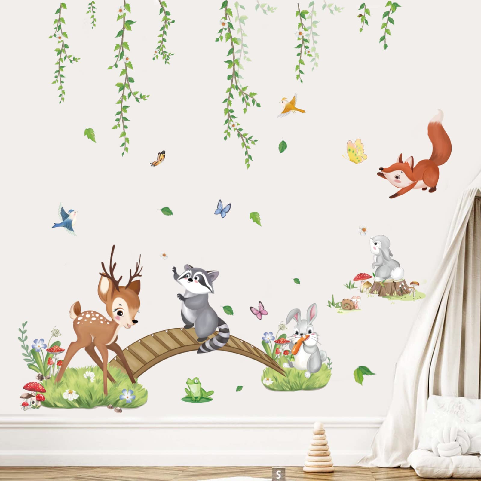 wondever Forest Animals Wall Stickers Deer Rabbit Raccoon on Bridge Peel and Stick Wall Art Decals for Baby Nursery Kids Bedroom