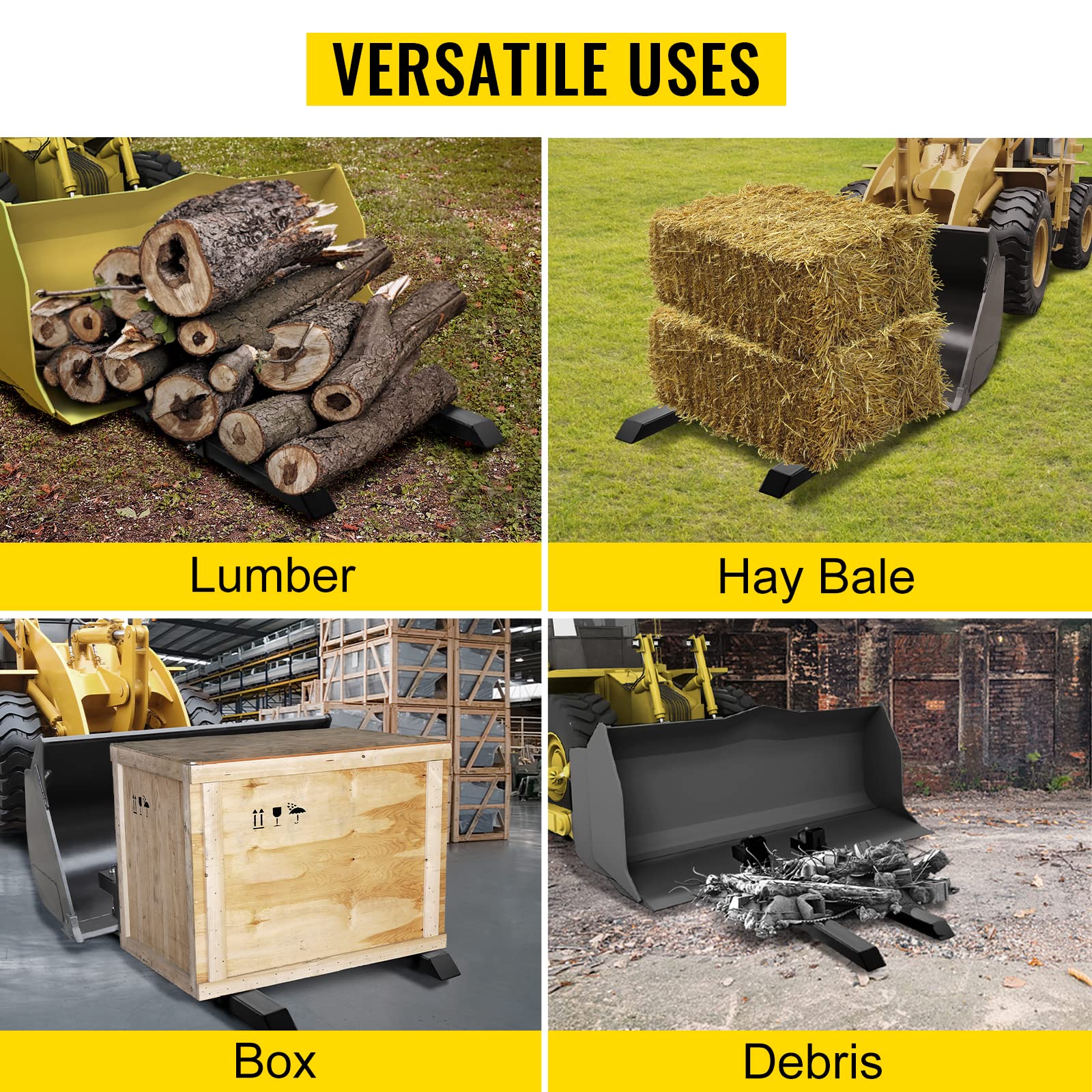 VEVOR Pallet Forks, 2000 Lbs Clamp on Pallet Forks 60" Total Length, Tractor Bucket Forks with Adjustable Stabilizer Bar, Heavy Duty Pallet Forks for Tractor Attachments, Skid Steer, Loader Bucket