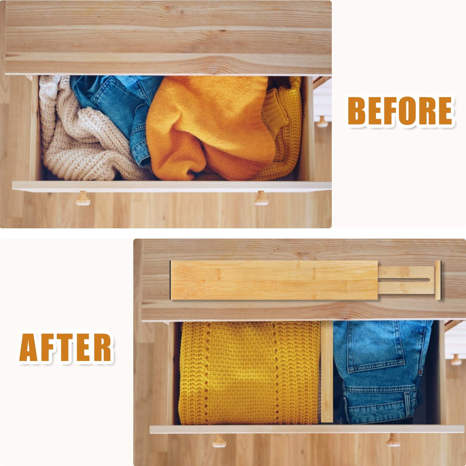 Ryqtop Bamboo Drawer Dividers Organizers, Kitchen Drawer Organizer, Adjustable Drawer Divider for Clothes, Kitchen, Dresser, Bedroom, Bathroom and Office, 4-Pack (Natural, 17-22 IN)