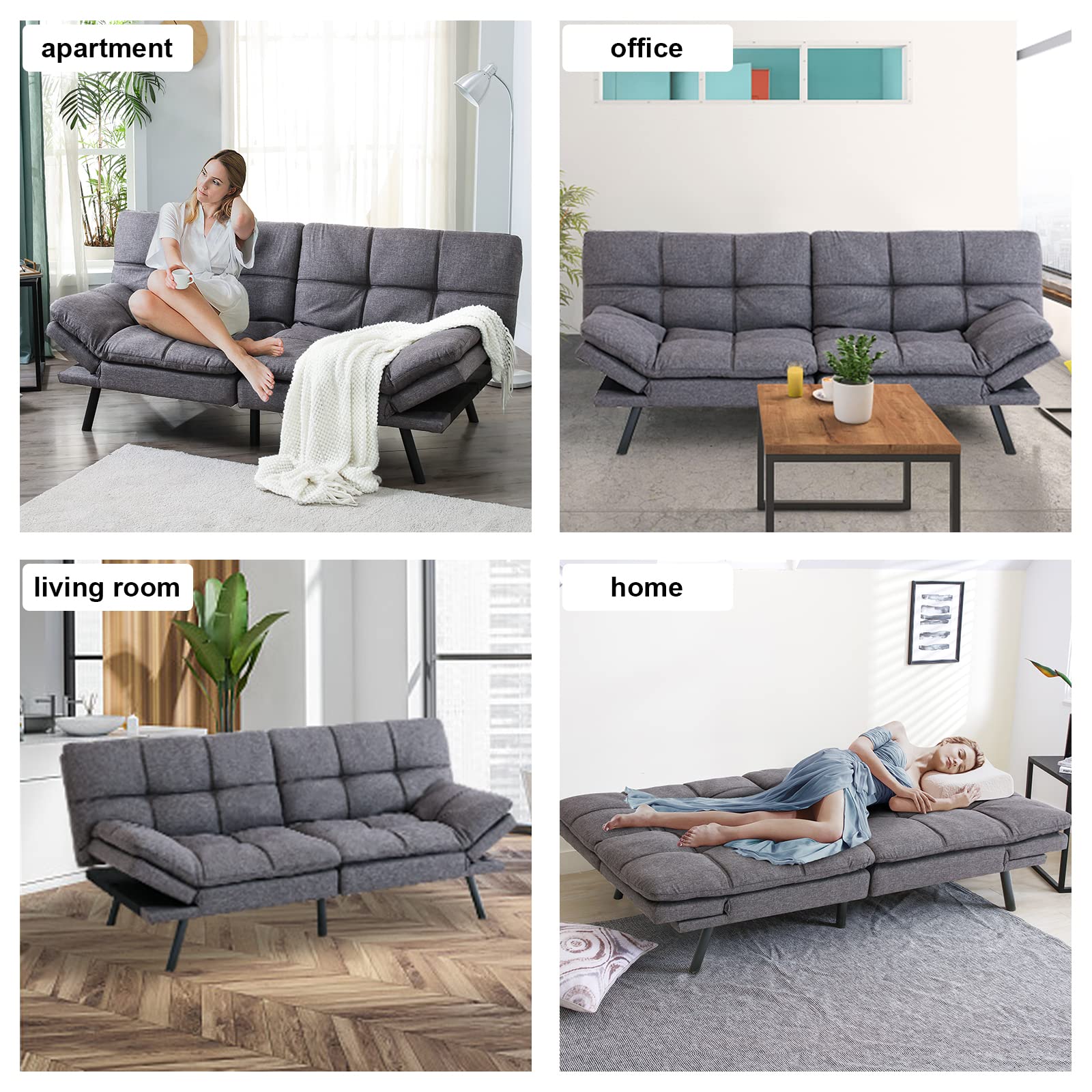 Maxspeed Futon Sofa Bed,Memory Foam Sleeper Sofa Bed Couch,Futon Convertible Sofa Bed Small Couch,Sofa Couch for Living Room Apartment Office.(Grey) (Maxspeed-HR-GREY-002)