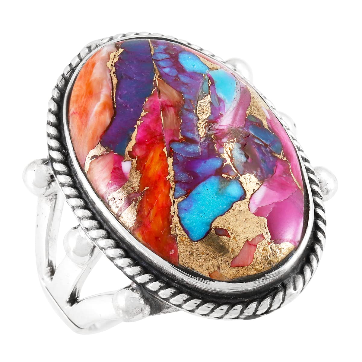 Turquoise Ring in Sterling Silver 925 Genuine Gemstones (7, Rainbow Spiny Turquoise)