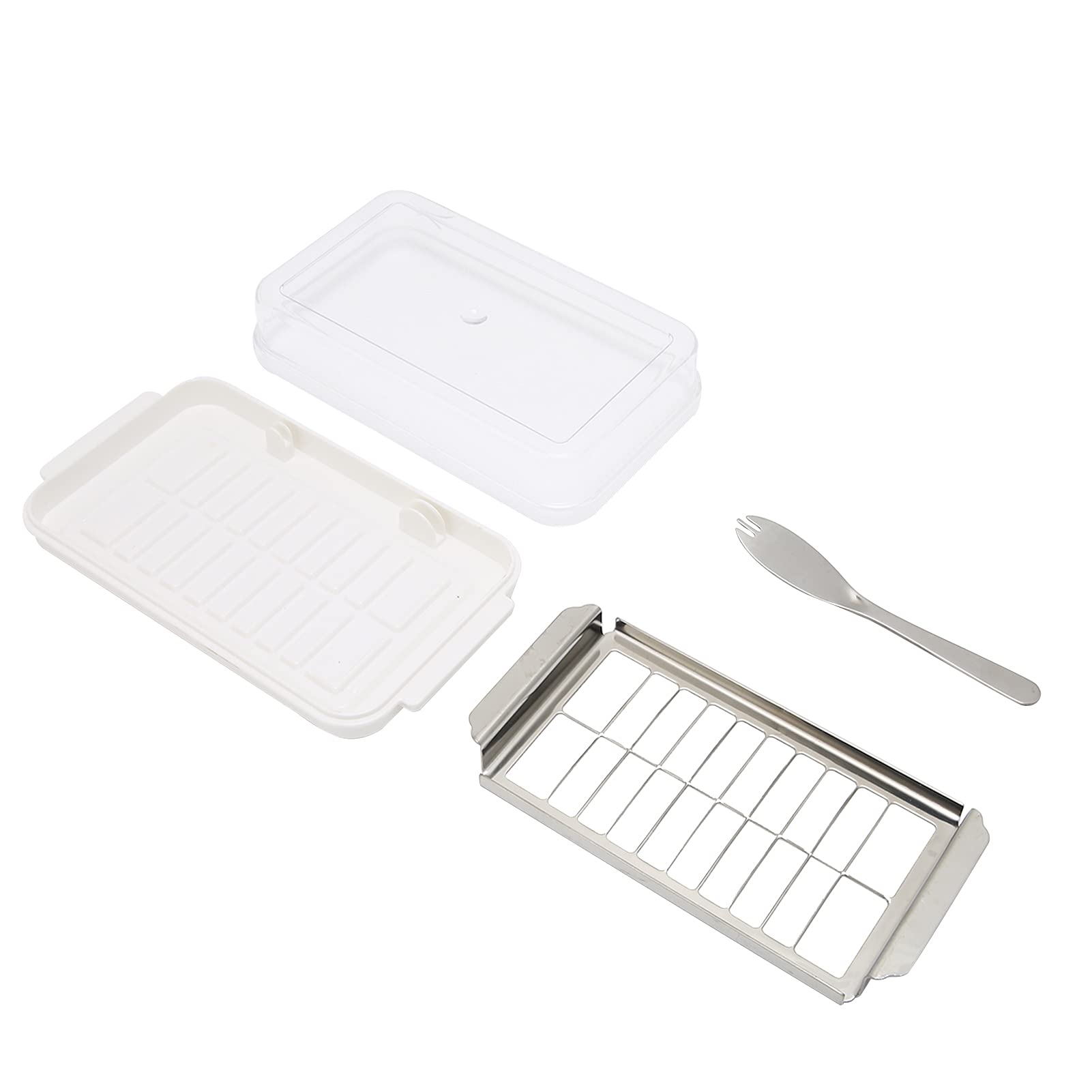 Stainless Steel Cutter Style Butter Case, Butter Slicer Metal Saucer with Plastic Transparent Cover Covered Cheese Storage Container with Knife for Kitchen(White)