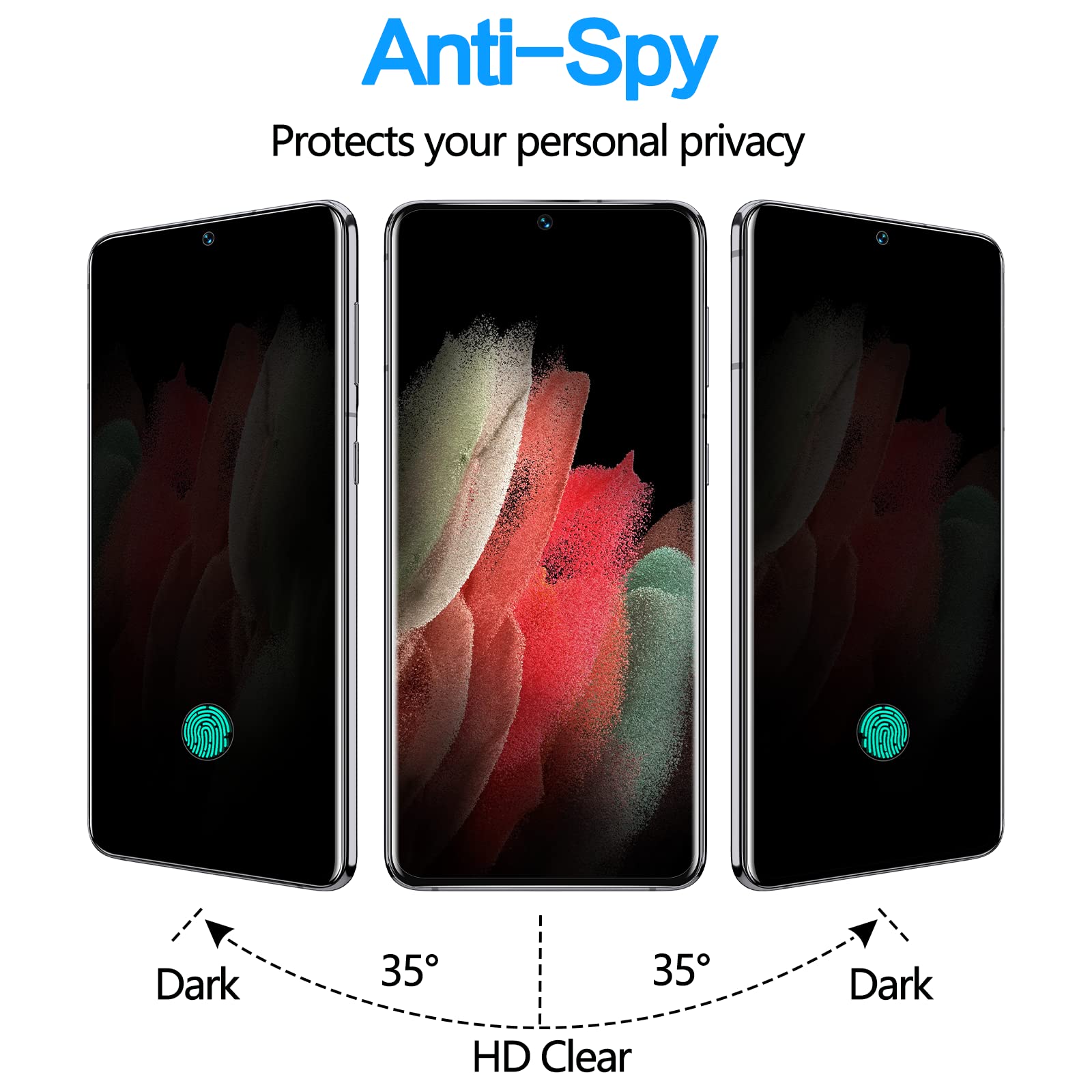 YWXTW [2 Pack] Privacy Support Fingerprint Unlock Screen Protector for Samsung Galaxy S21 Ultra,Tempered Glass HD Anti-Scratch Screen Protector 3D Curved Edge Easy Install Case Friendly