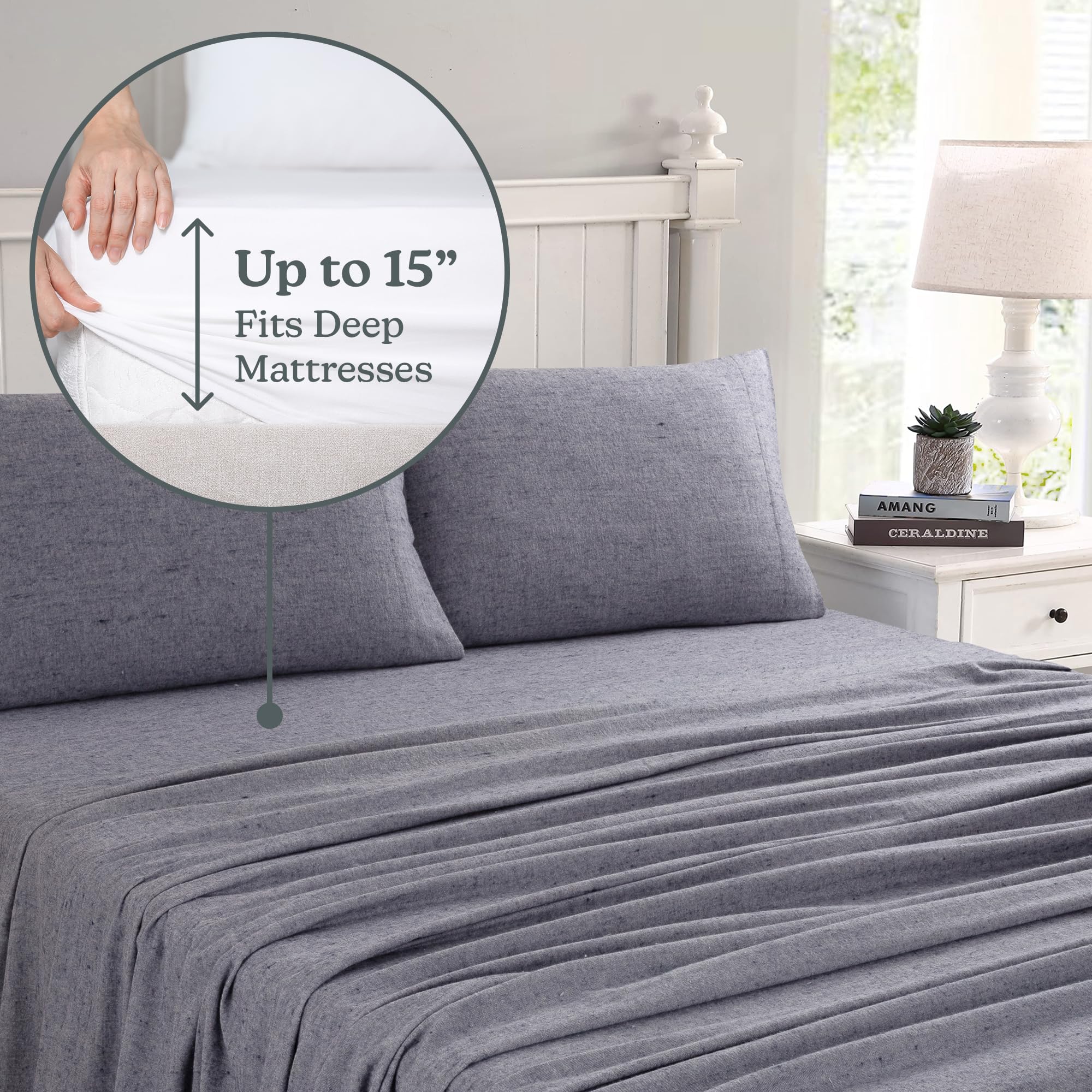 Lodge & Linen Flannel Sheet Set Full Size | Cotton, Heavyweight, Velvety Soft Flannel | Deep Pocket Flannel Sheets | Warm & Cozy Sheets | 4 Piece Set - Fitted, Flat and Pillowcases | Full - Charcoal