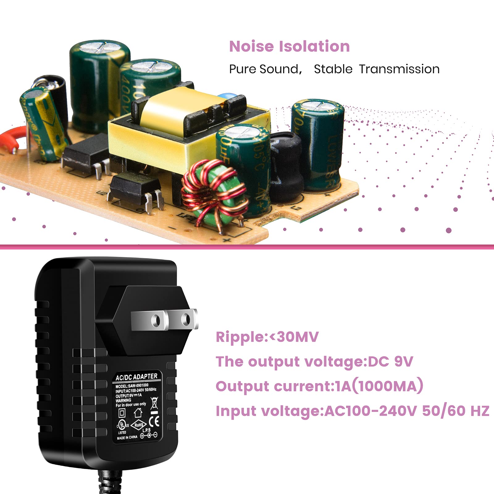 Pigtone Guitar Pedal Power Supply Adapter 9V DC 1A(1000mA) Tip Negative 5 Way Daisy Chain Cables for Effect Pedal