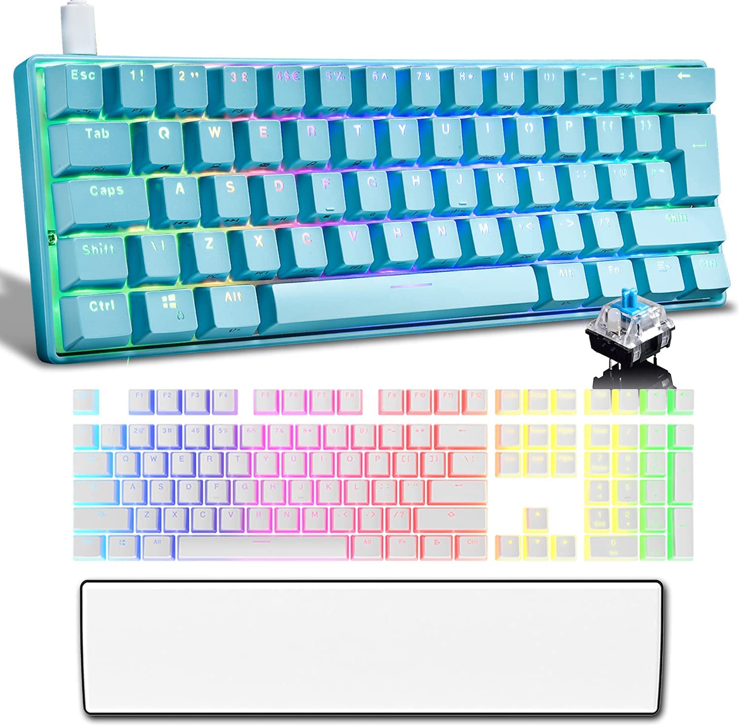 unband UK Layout 60% True Mechanical Gaming Keyboard Type C Wired 61 Keys LED Backlit USB Waterproof Keyboard 14 Chroma RGB Backlight Full Anti-ghosting Keys for Computer/PC/Laptop/MAC (Blue/Blue Swit