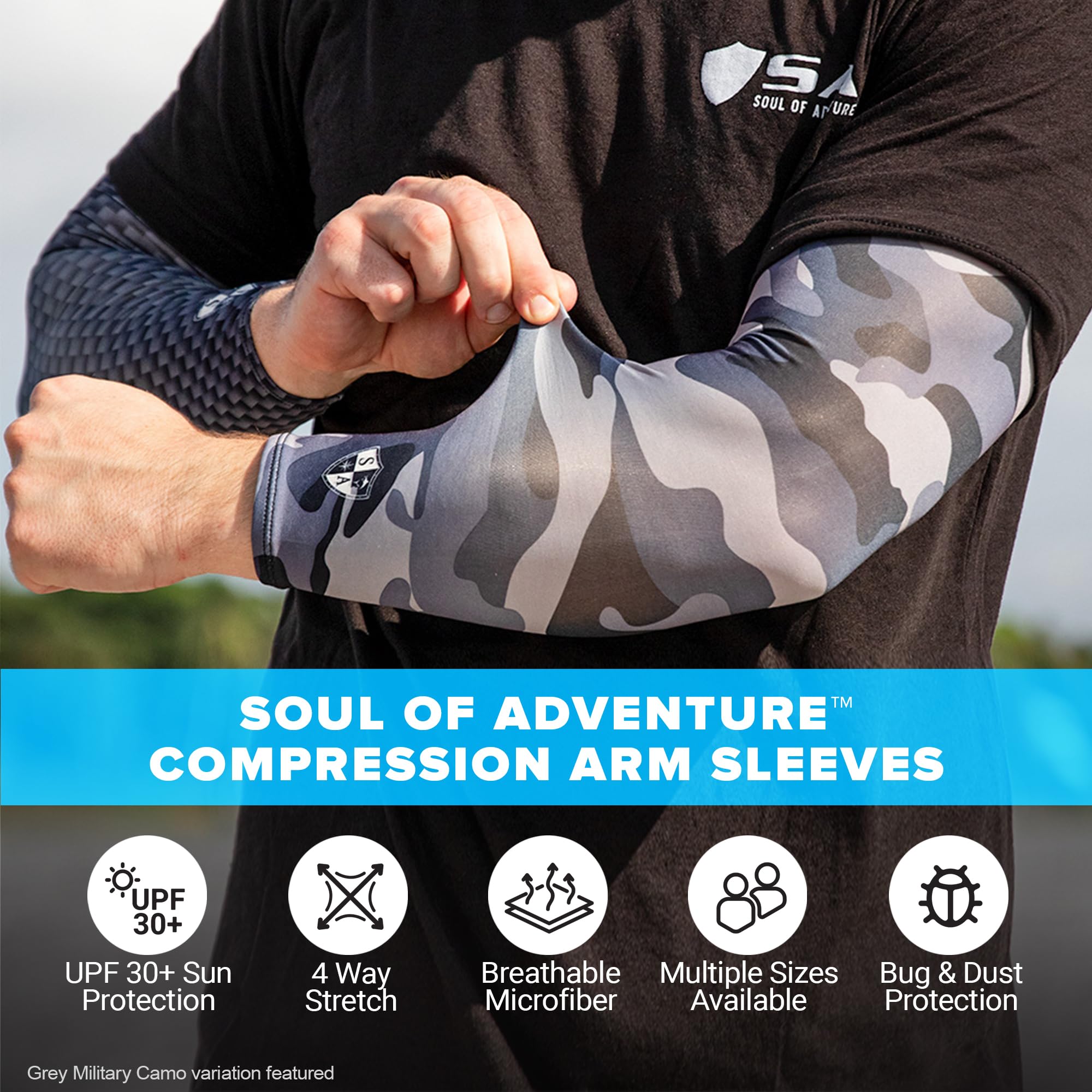 S A Compression Arm Sleeves for Men and Women - UPF 30+ Sun Protection, Moisture Wicking, 4-Way Stretch Arm Sleeves for Work & Sports (Grey Military Camo, 2 Pack)
