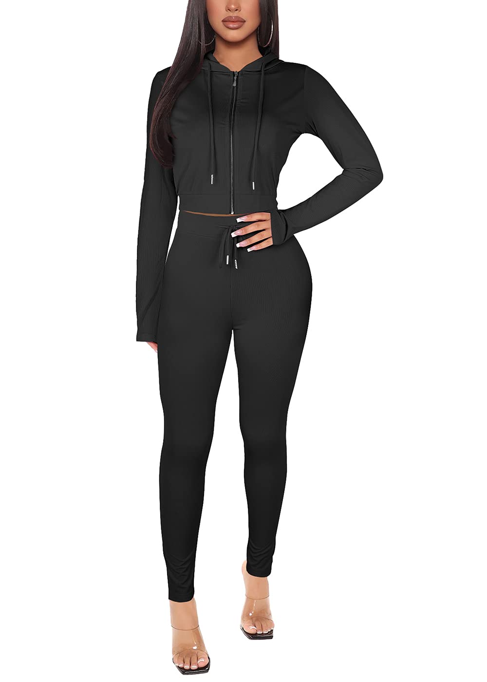 Ribbed Two Piece Outfit for Women, Solid Color Long Sleeve Kintted Crop Top with Zipper Front and Bodycon Leggings Sweatsuits, Black, XXL