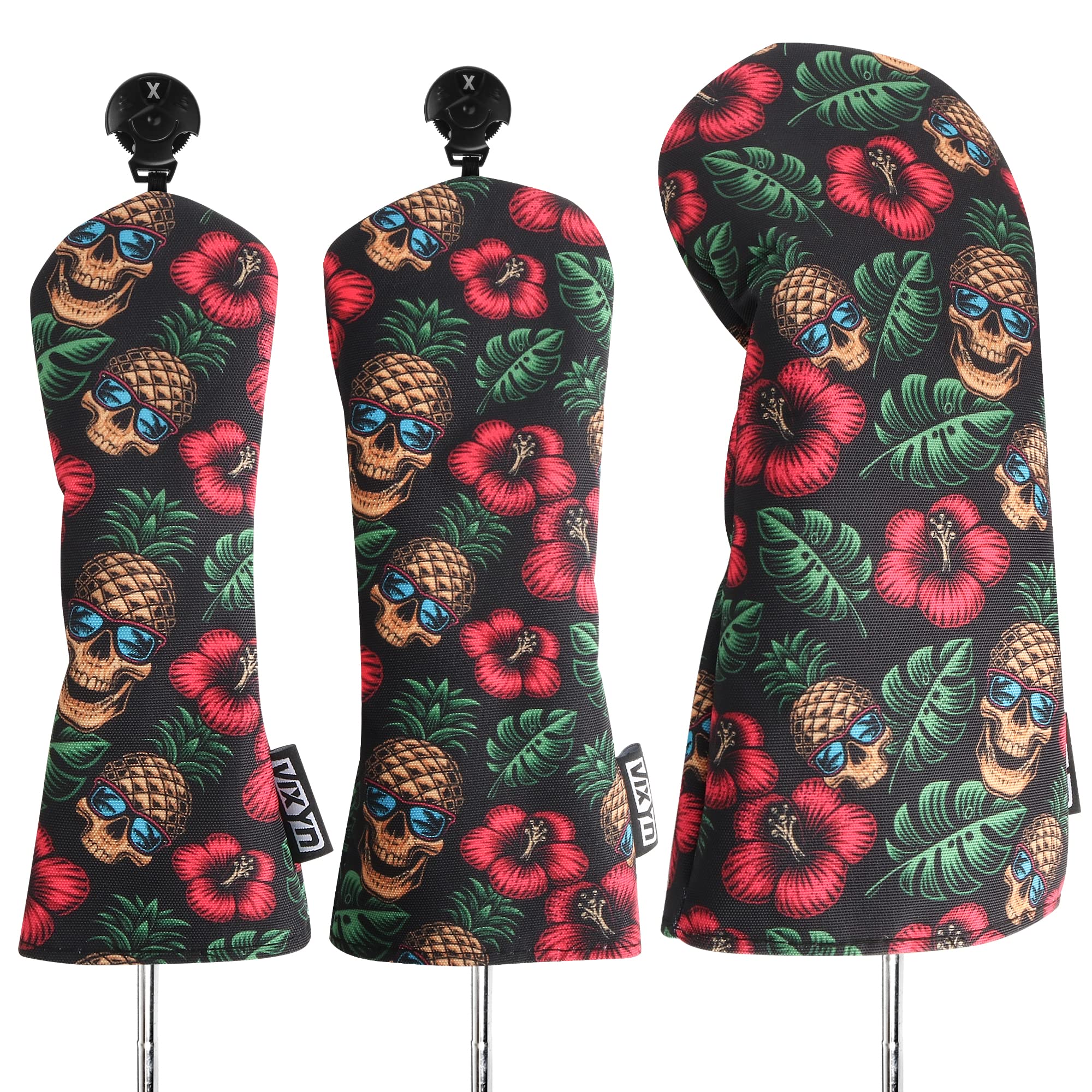 VIXYN Golf Head Covers - 3 Pack Golf Club Covers for Driver, Woods and Hybrid - Driver Headcover to Fit All Golf Clubs (Pineapple Skull)