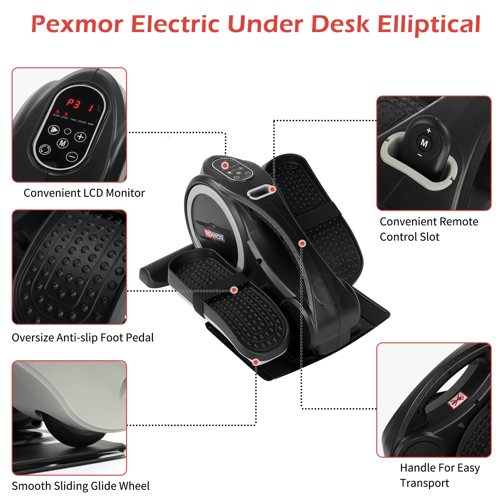 PEXMOR Under Desk Elliptical Machine, Mini Elliptical Exercise Bike Adjustable Resistance with Display Monitor & Non-Slip Pedal, Portable Desk Pedal Elliptical Exerciser Quiet for Home Office (Black)
