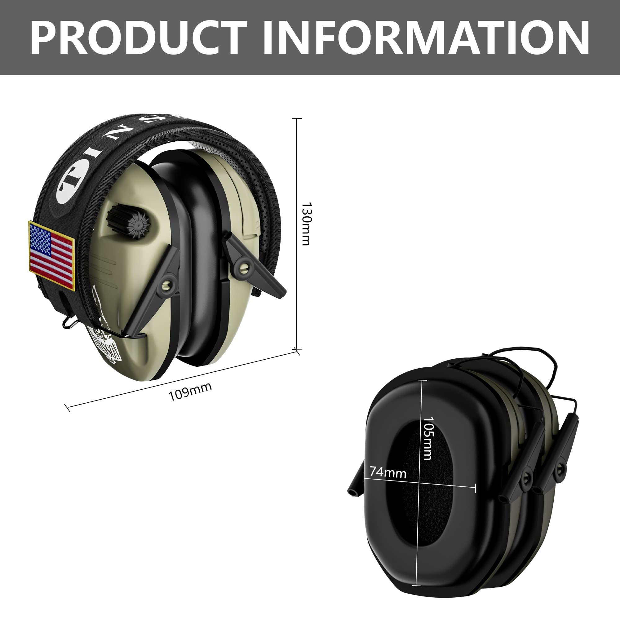TINSSON NRR 23dB Shooting Ear Protection with US Flag Electronic Earmuffs for Hunting Noise Reduction Headphones Oliver